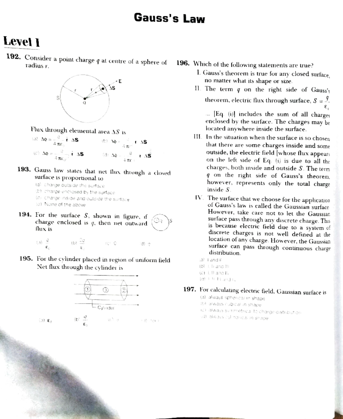 Gauss's law physics mcqs for neet - Gauss's Law Level I 192. Consider a ...