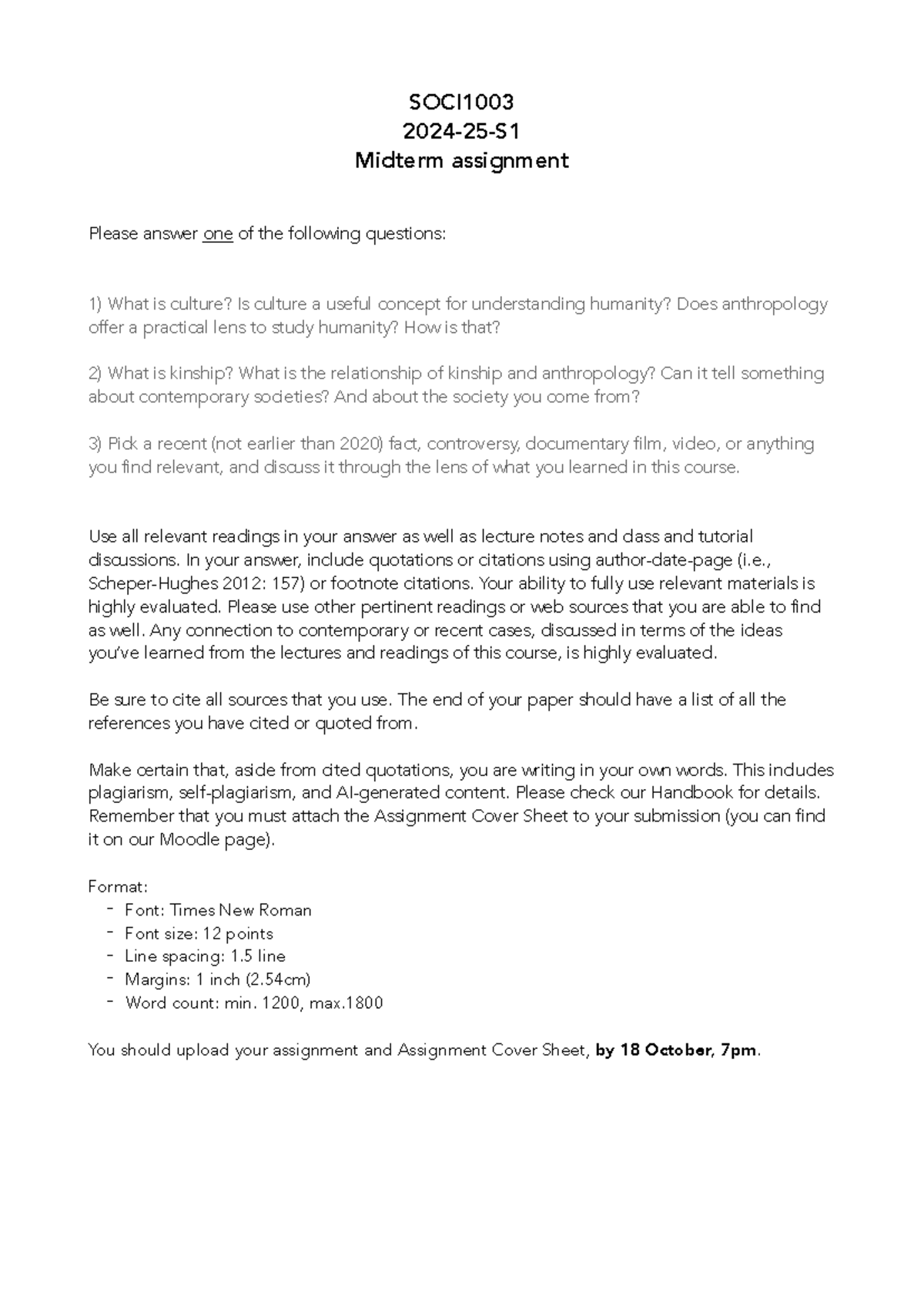 SOCI1003 midterm 2024-25 - SOCI 2024-25-S Midterm assignment Please answer one of the following ...