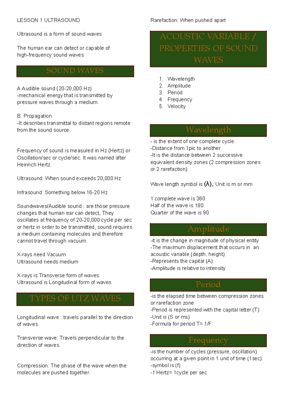 Ultrasound reviewer - wdda - LESSON 1 ULTRASOUND Ultrasound is a form ...