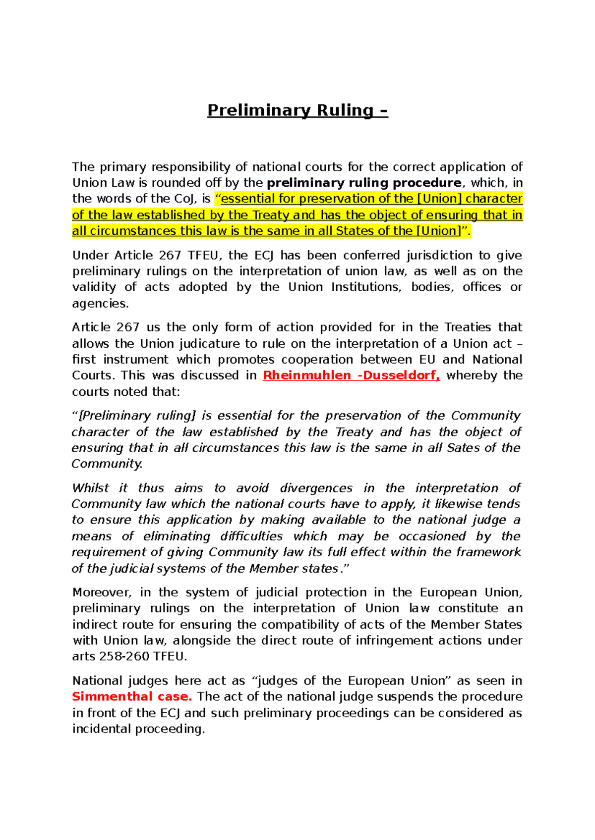 Preliminary Ruling - Summary European Legal Studies - Preliminary ...