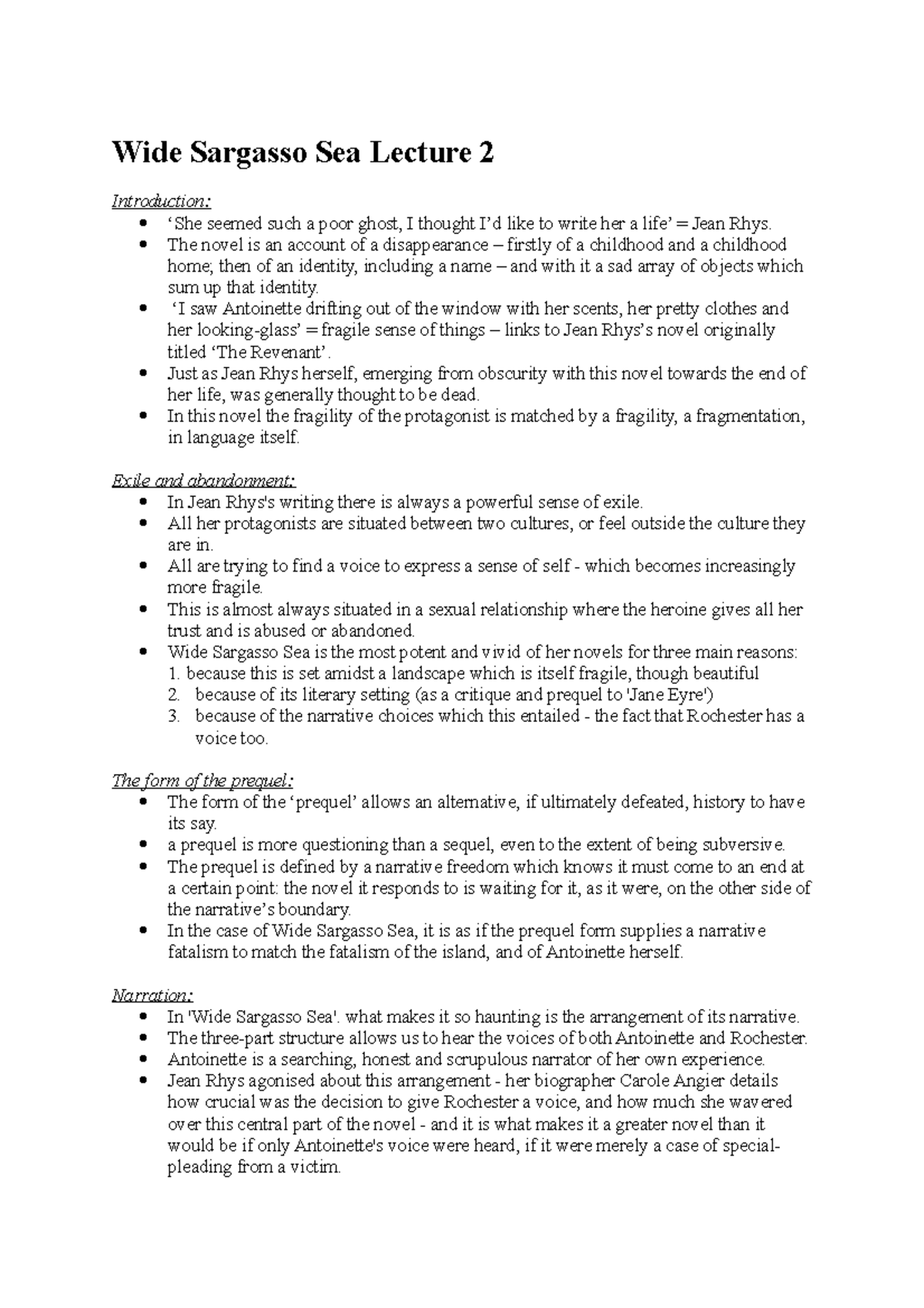 Wide Sargasso Sea Lecture 2 - The novel is an account of a ...