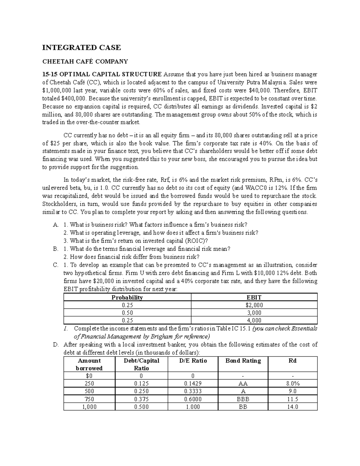 Integrated Case Optimal Capital Structure Cheetah Cafe CC - INTEGRATED ...