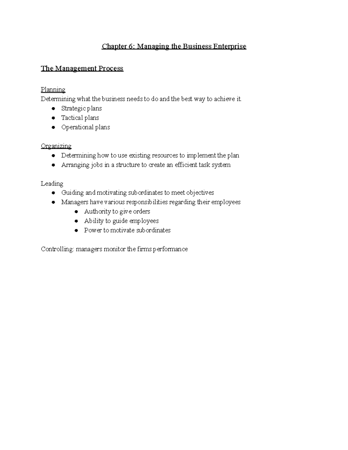 Business Ch. 6 notes - Chapter 6: Managing the Business Enterprise The ...