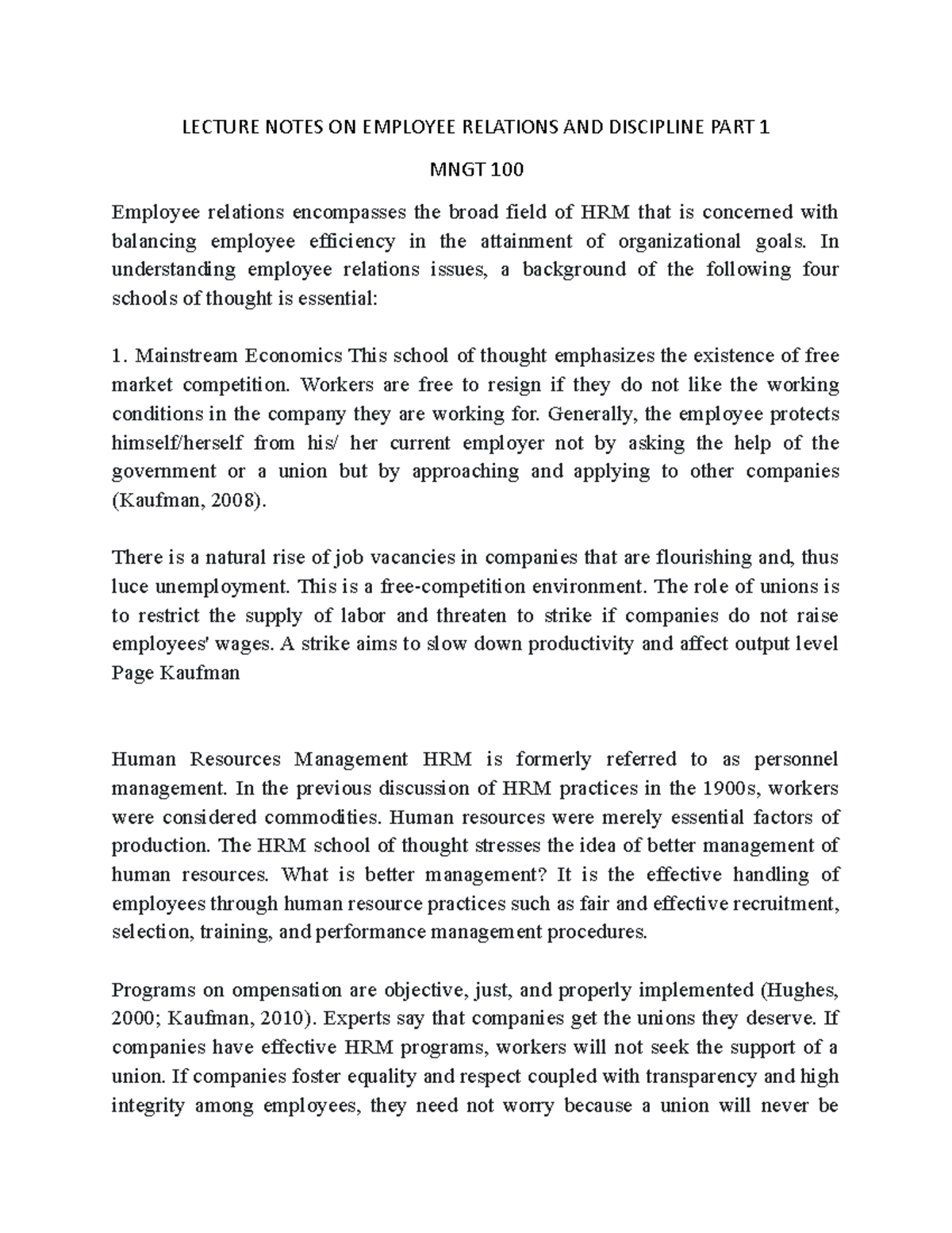 Lecture Notes on Employee Relations and Discipline PART 1 - LECTURE ...