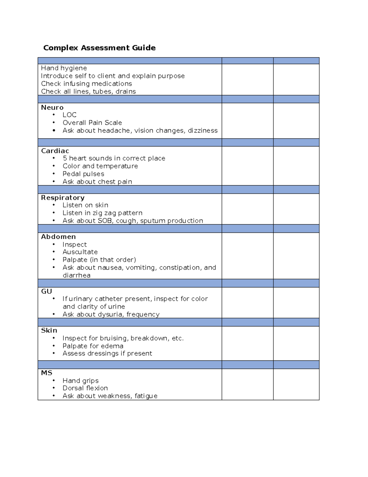 Complex Assessment Guide - • Palpate for edema • Assess dressings if ...