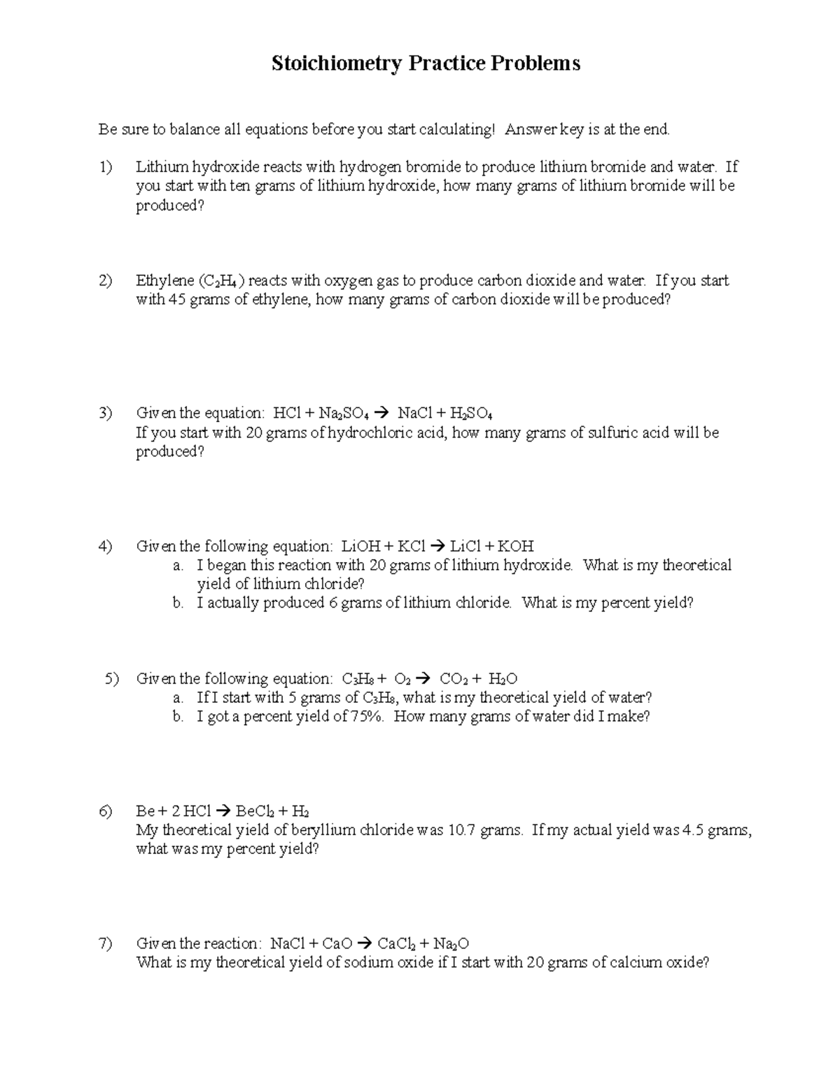 Stoichiometry practice 2020 KEY - Be sure to balance all equations ...