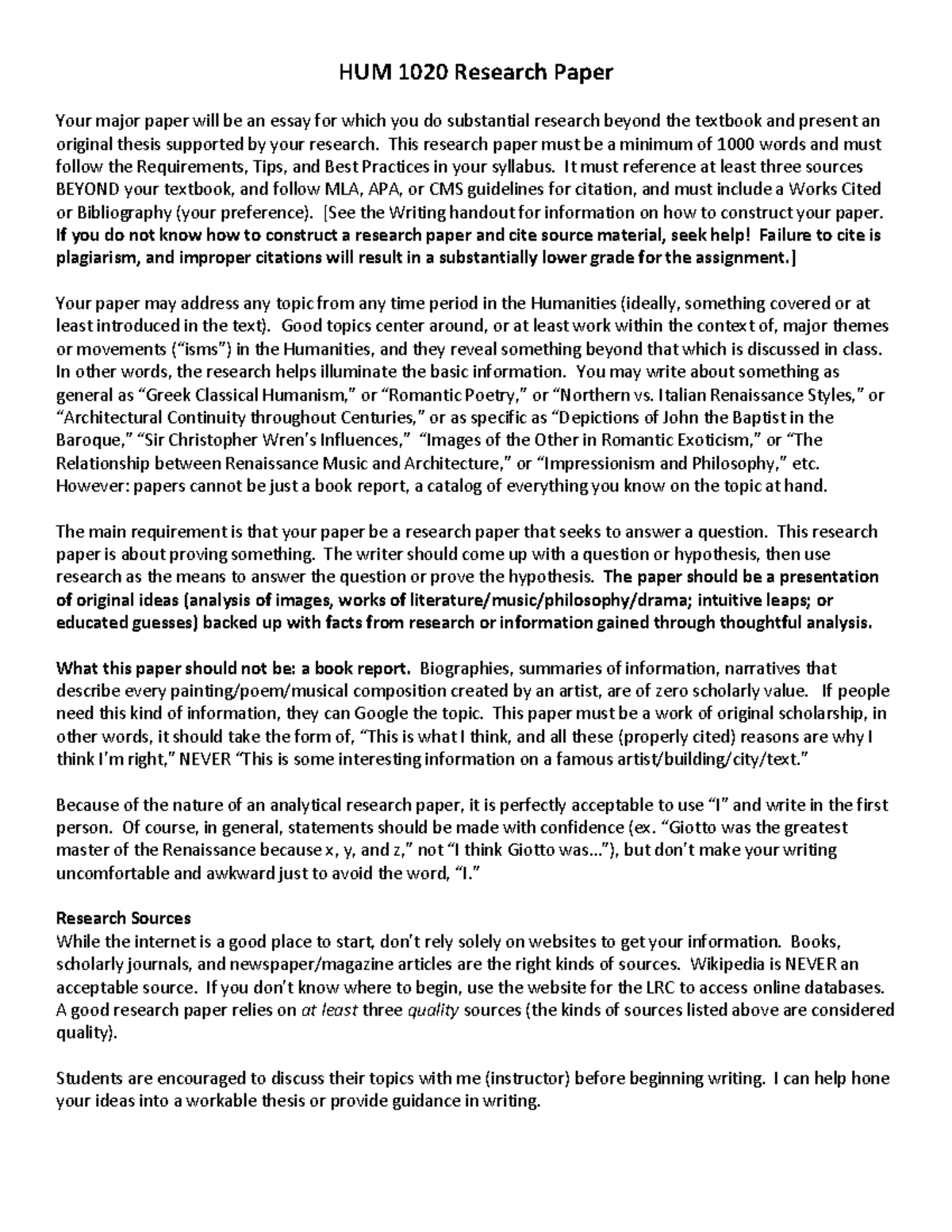 HUM 1020 Research Paper Guidelines - HUM 1020 Research Paper Your major ...