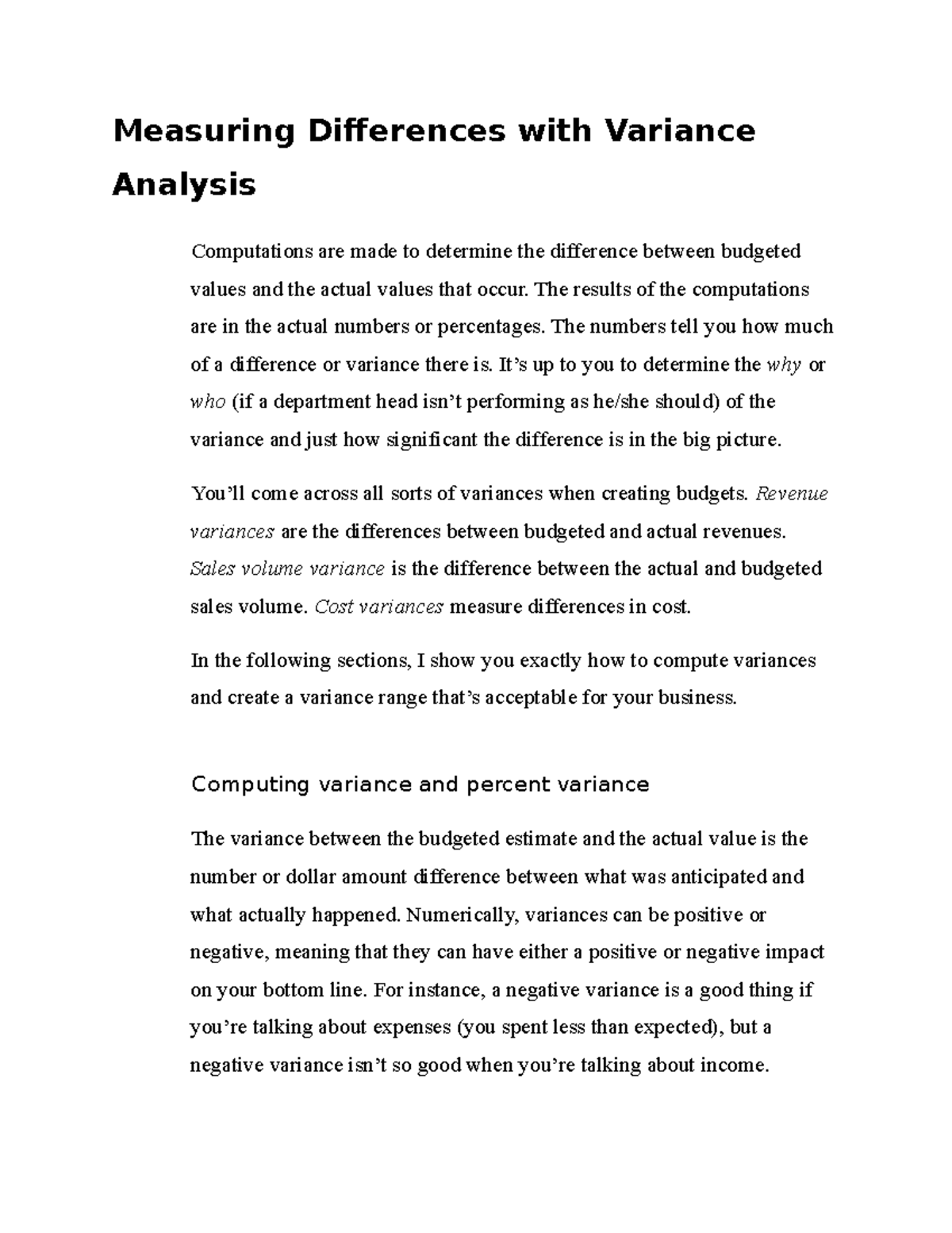 Measuring Differences with Variance Analysis - Measuring Differences ...