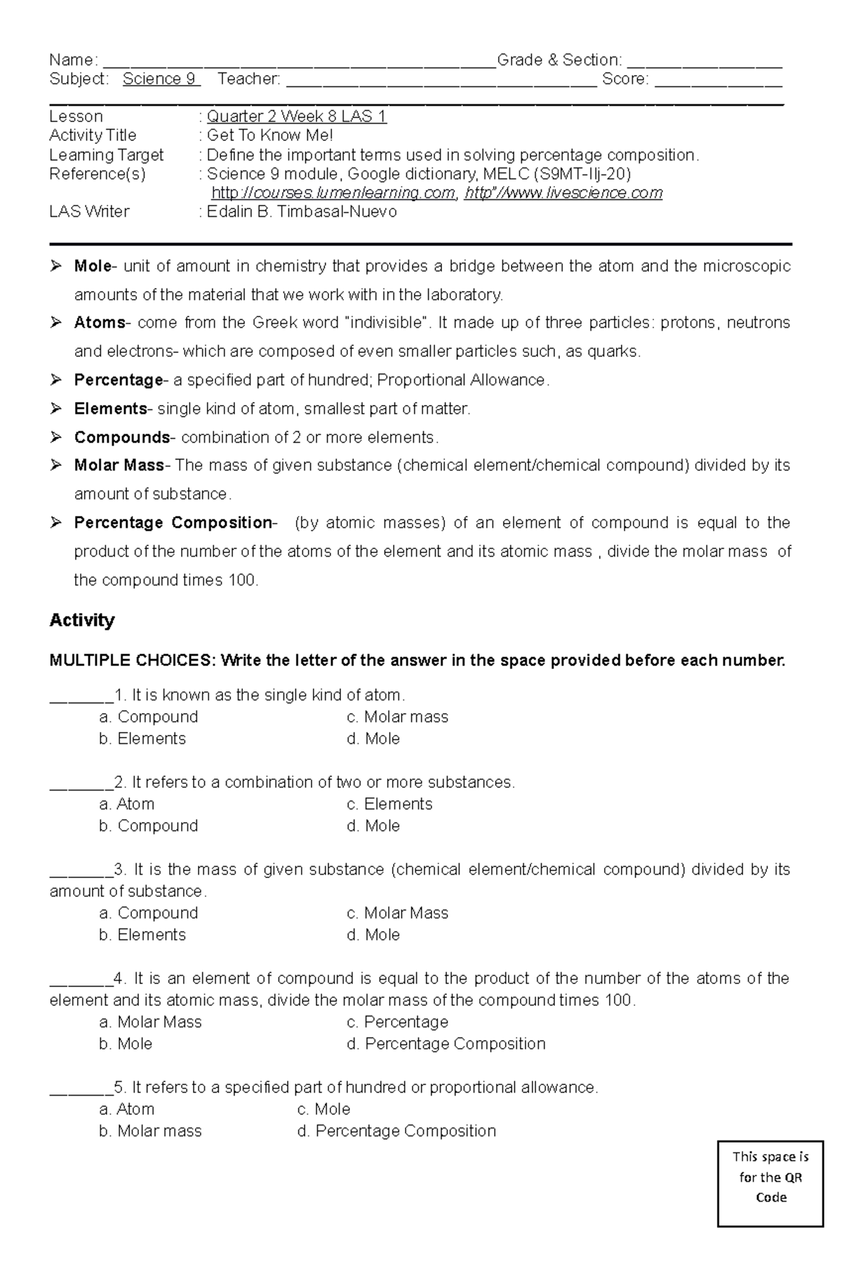 Science 9 Q2 Week8 LAS1 - Name ...