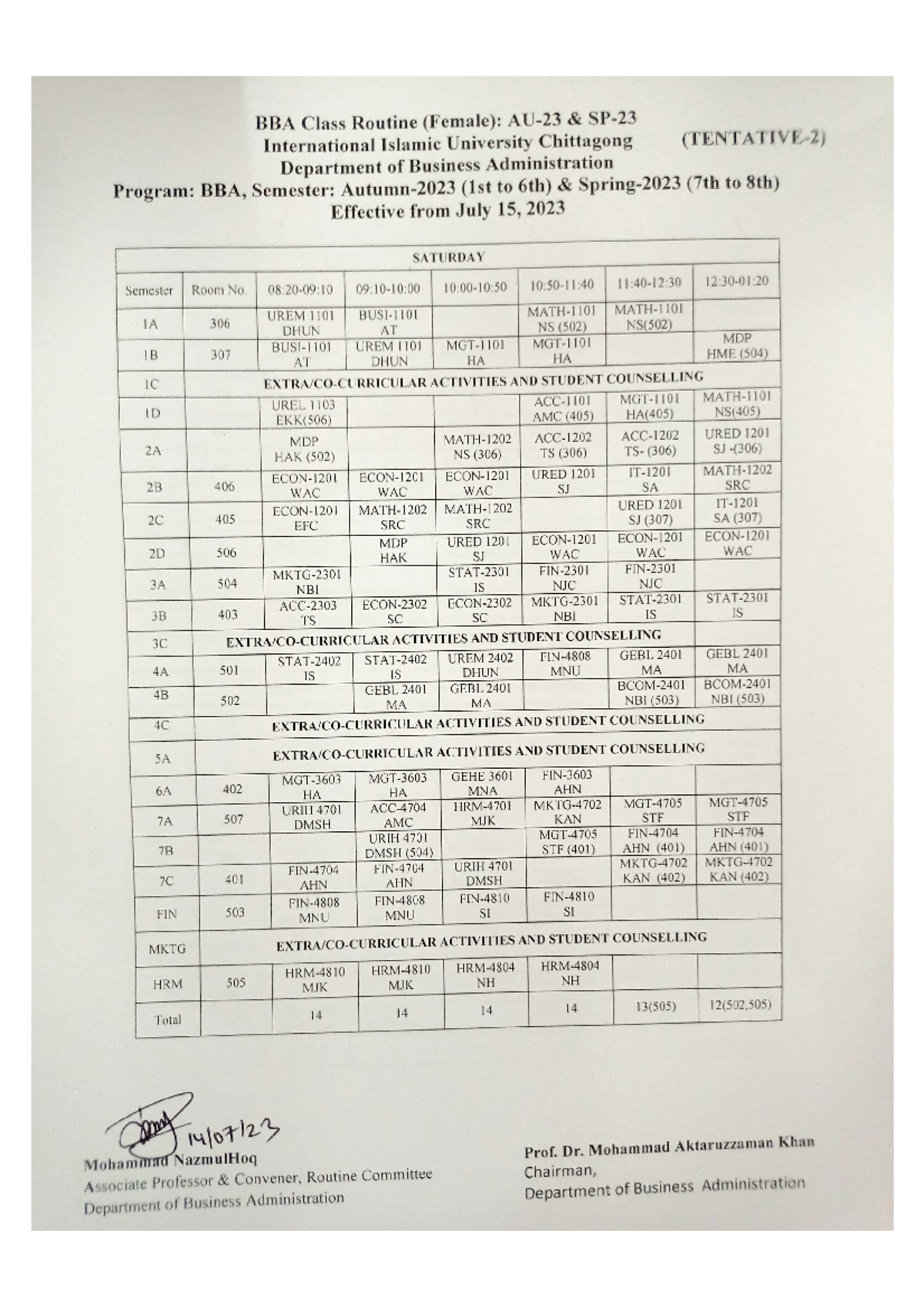 BBA ( Female) Class Routine. Effective DATE 15 - Principles of Finance ...
