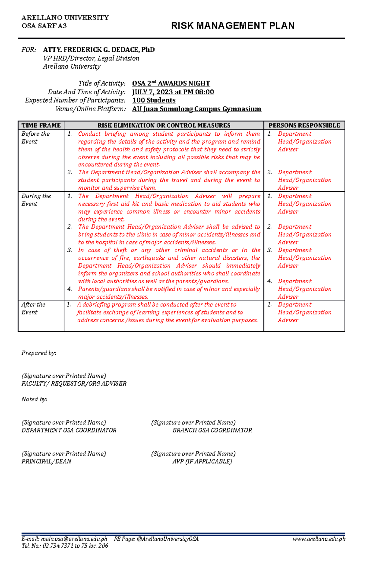 OSA SARF A3 Risk Management Plan - ARELLANO UNIVERSITY OSA SARF A3 RISK ...