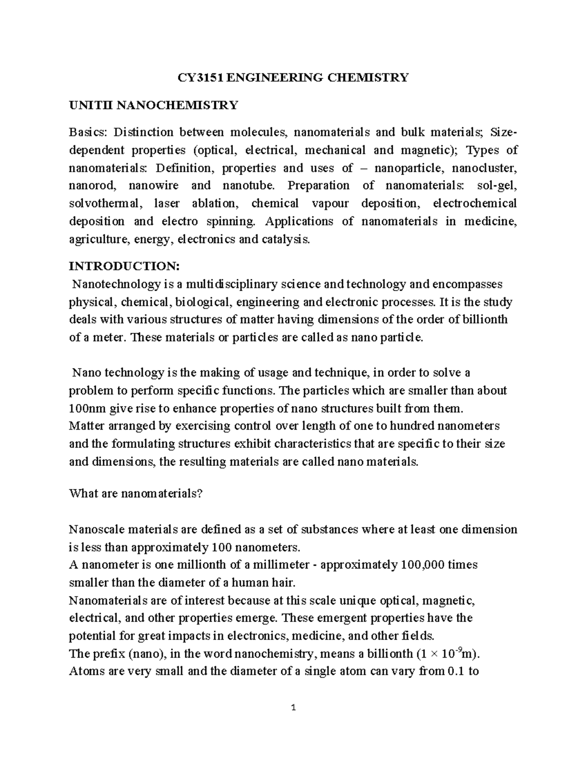 Nano - NOTES - CY3151 ENGINEERING CHEMISTRY UNITII NANOCHEMISTRY Basics ...