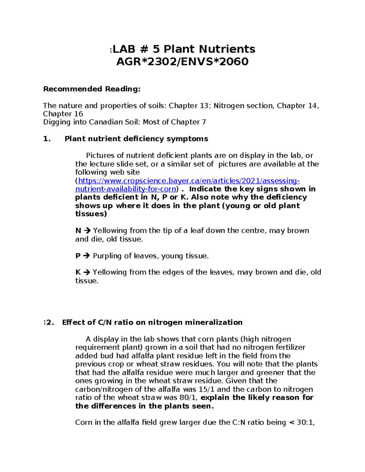 LAB 5 Plant Nutrients 2022 - 1 LAB # 5 Plant Nutrients AGR2302/ENVS ...