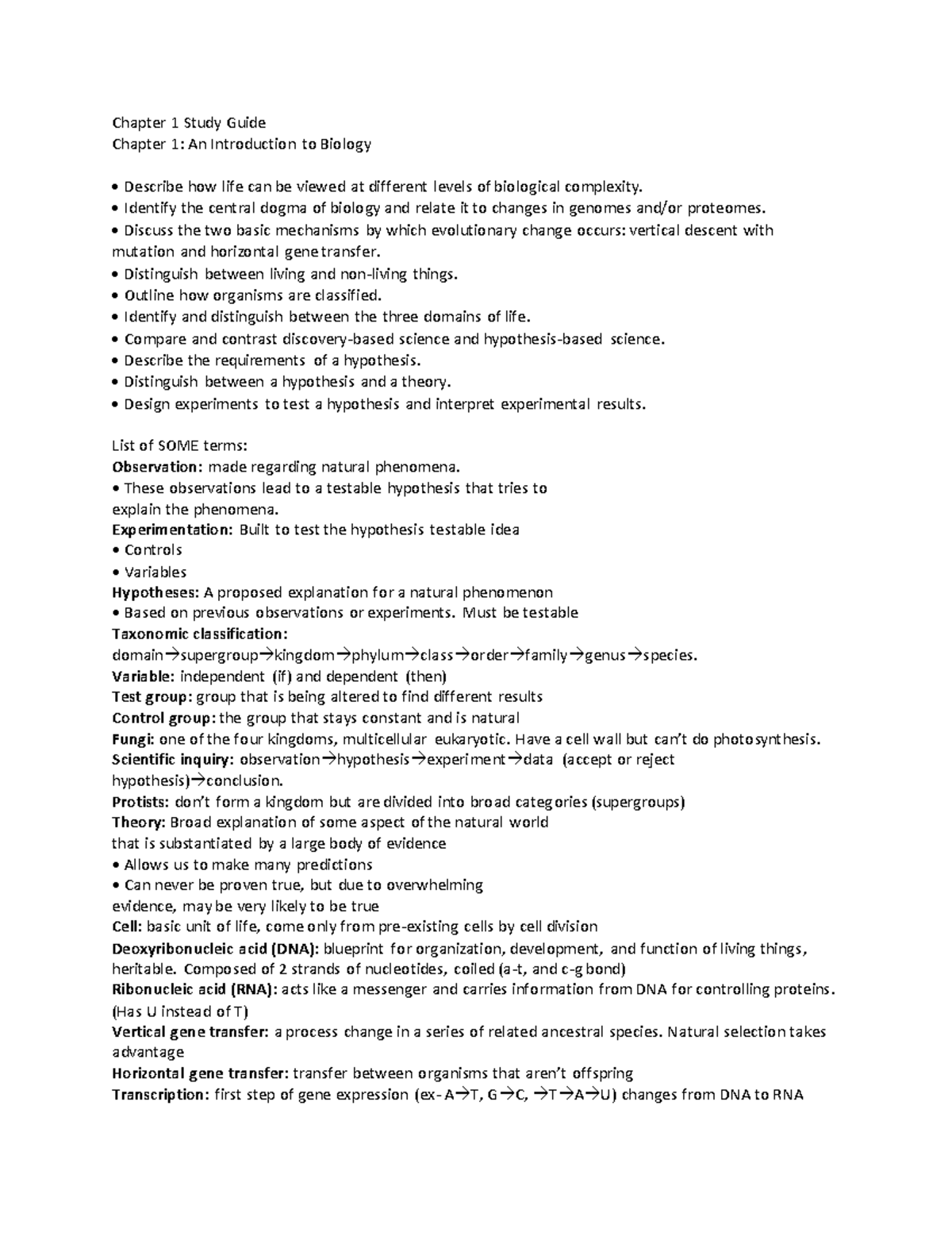 Bio chapter 1 review - Chapter 1 Study Guide Chapter 1: An Introduction ...