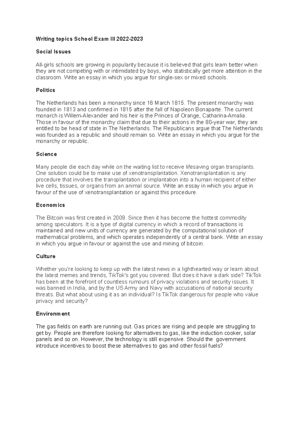 H5 Writing topics School Exam III 2022 - Writing topics School Exam III ...