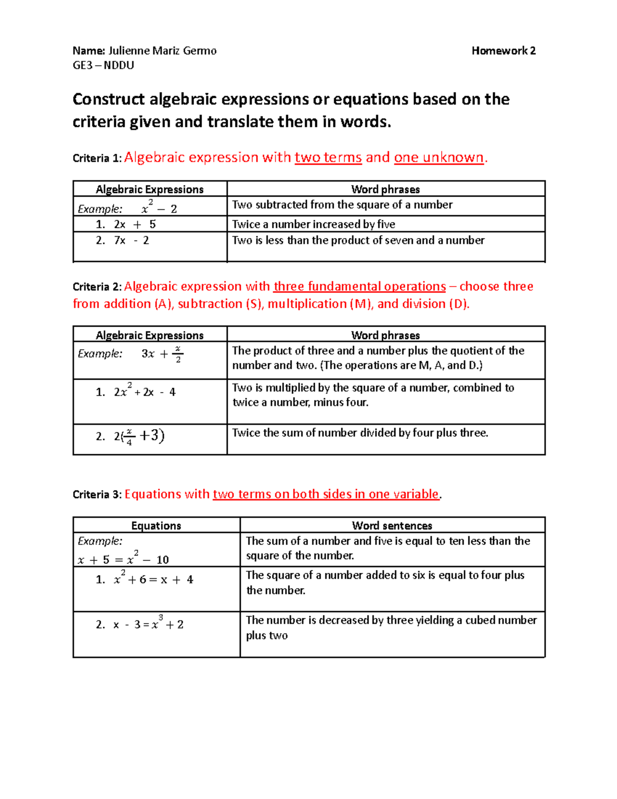 math Homework 2: Translation - Name: Julienne Mariz Germo Homework 2 ...