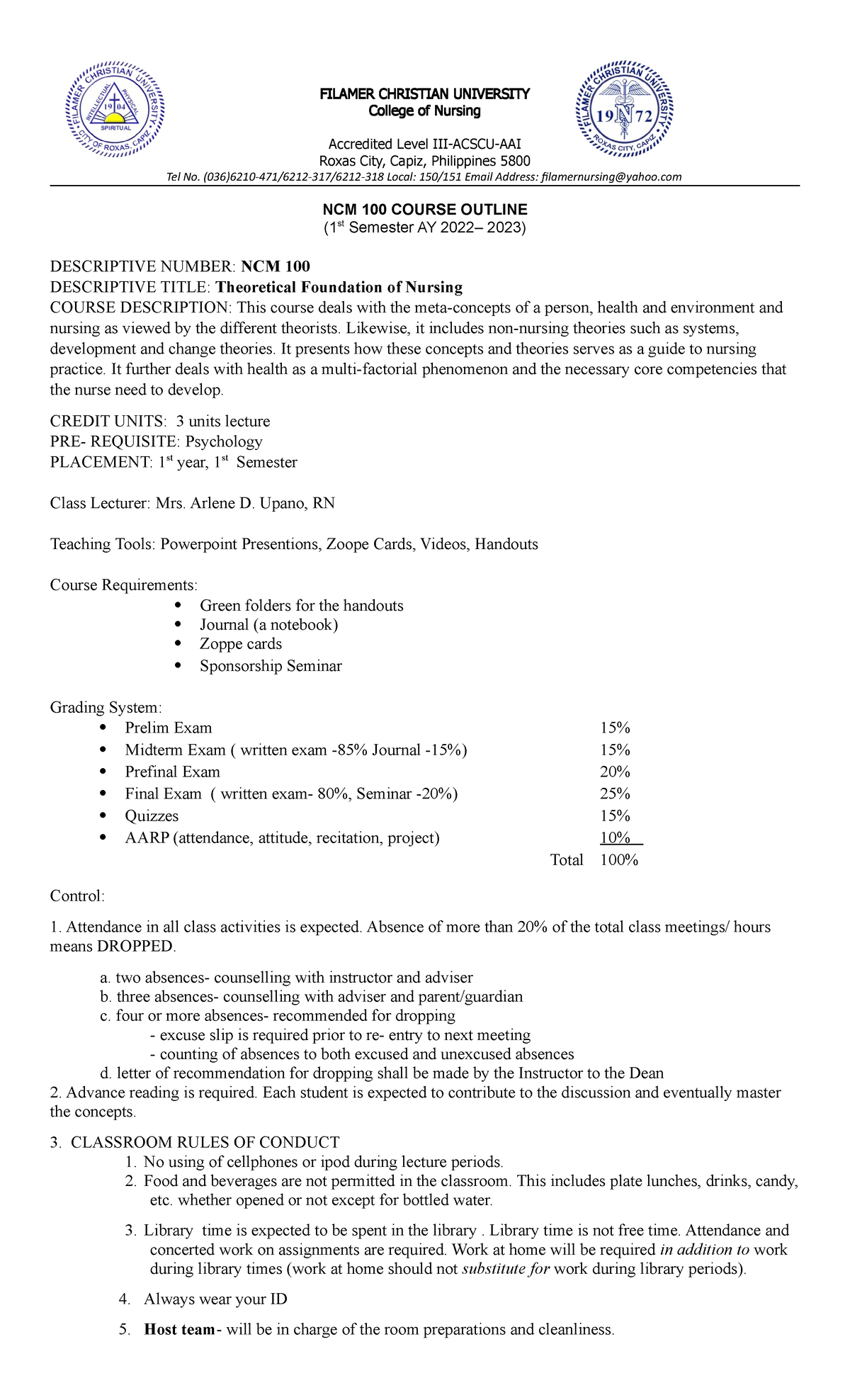 TFN- Course- Ouline - good - FILAMER CHRISTIAN UNIVERSITY College of ...