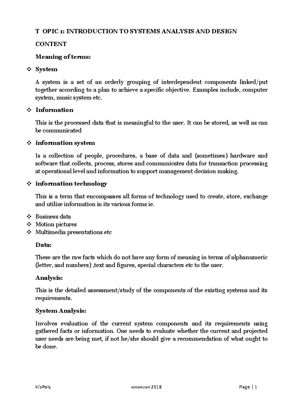 SAD Notes pdf - Very helpful - T OPIC 1: INTRODUCTION TO SYSTEMS ...