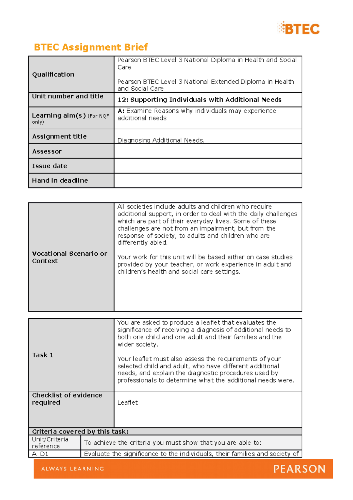 Unit 12 - Task 1 - Unit 12 - Task 1 - BTEC Assignment Brief Qualification Pearson BTEC Level 3 ...
