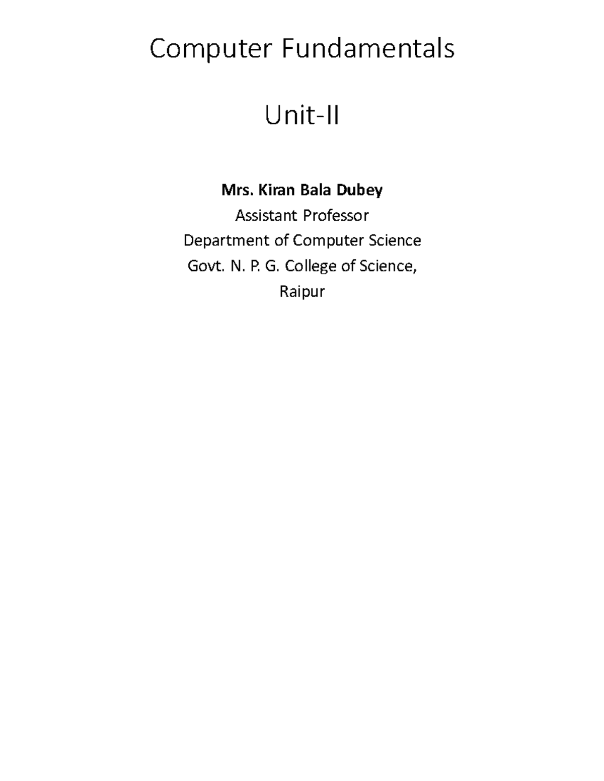 BCA-102 U-2 - Notes - Computer Fundamentals Unit-II Mrs. Kiran Bala ...