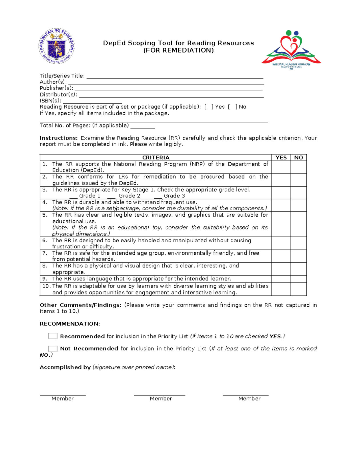 Scoping-Tool - NCHDJ - DepEd Scoping Tool for Reading Resources (FOR ...