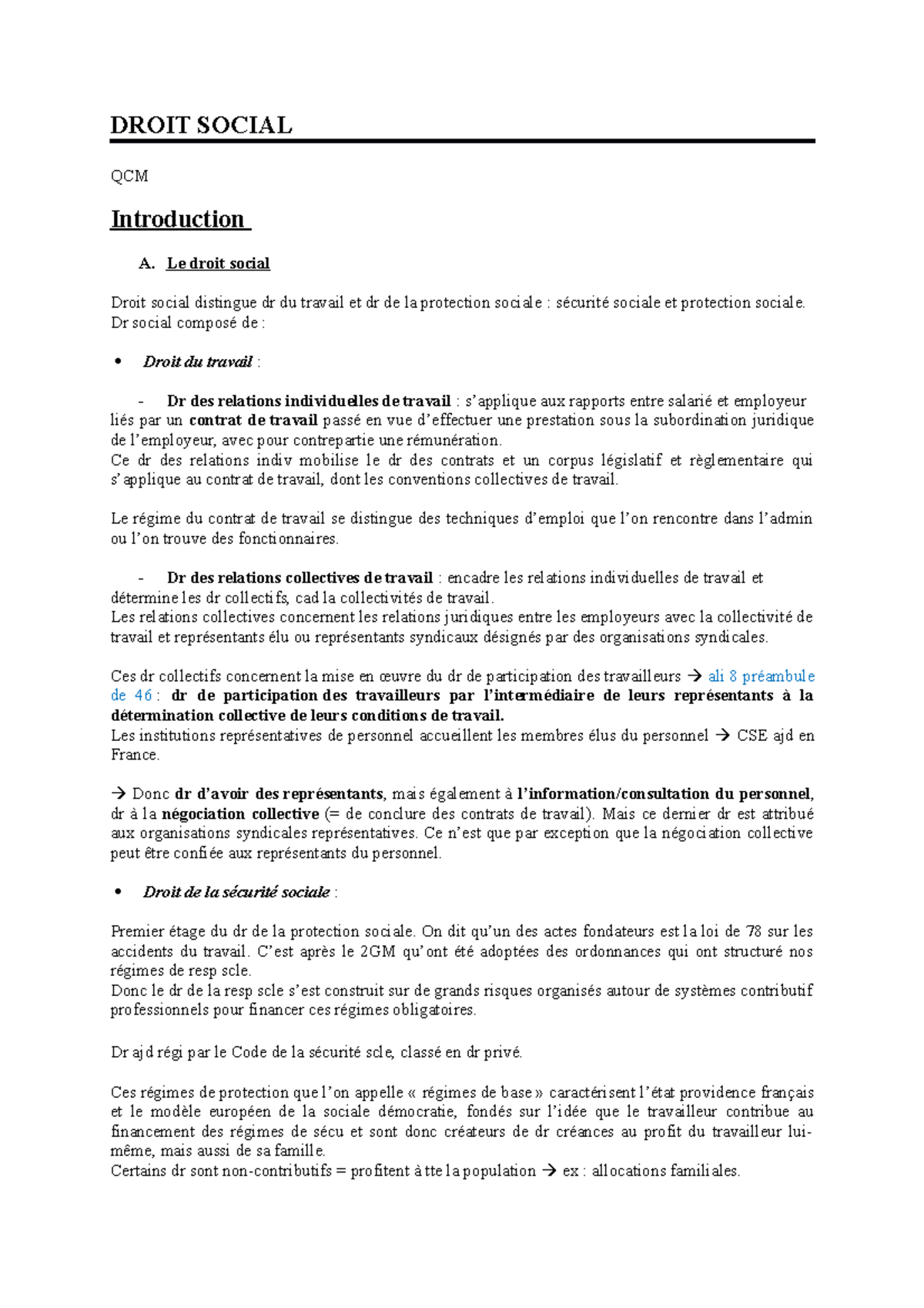 Droit Social MS - DROIT SOCIAL QCM Introduction A. Le droit social ...