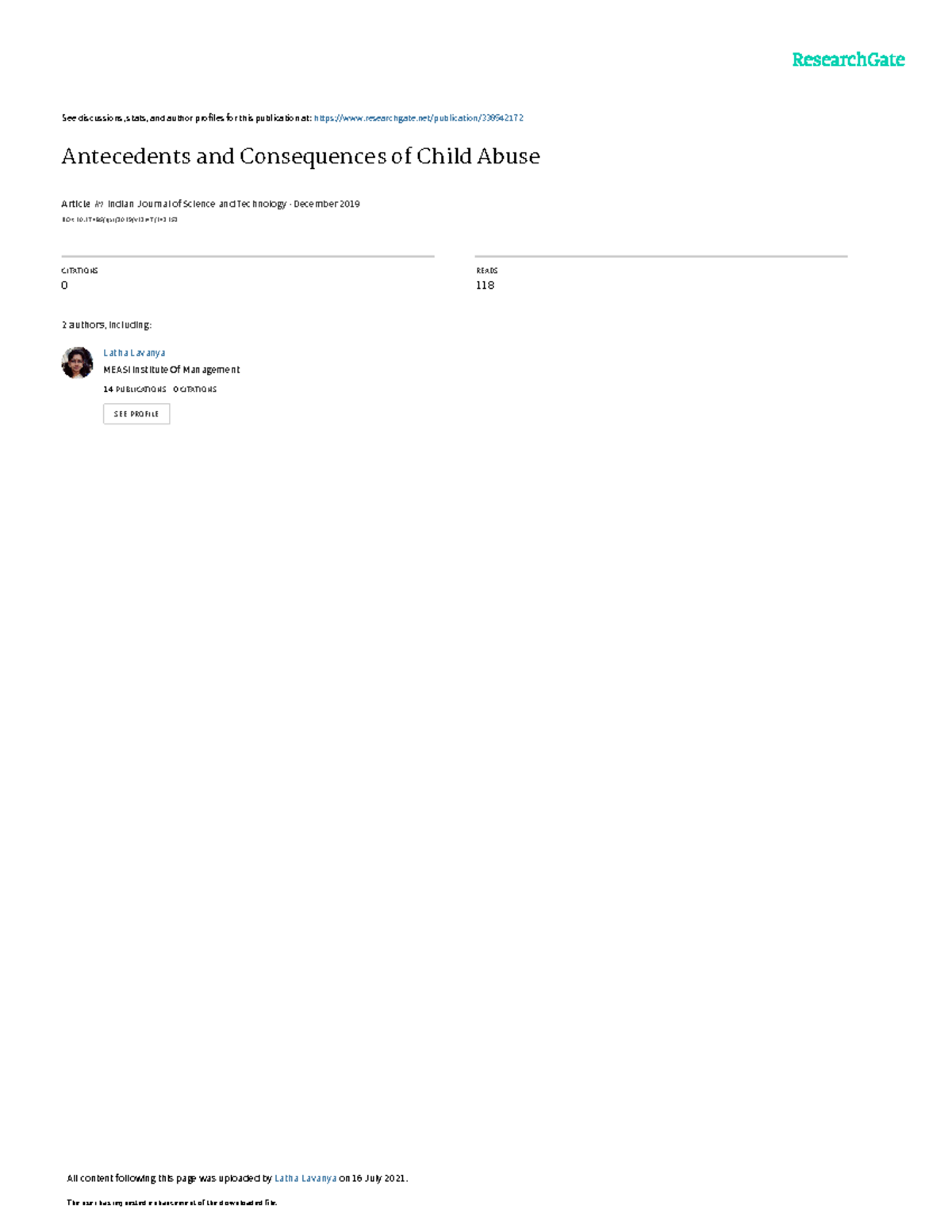 Cause and effect of Child Abuse (article) - See discussions, stats, and ...