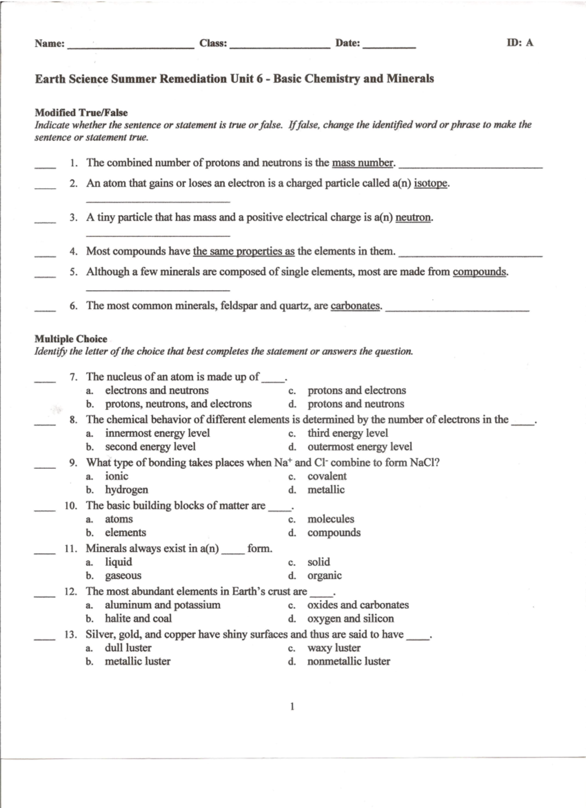 Unit 6 Packet Summer ES - tihsllub - Name: Class: Date: ID: A Earth ...
