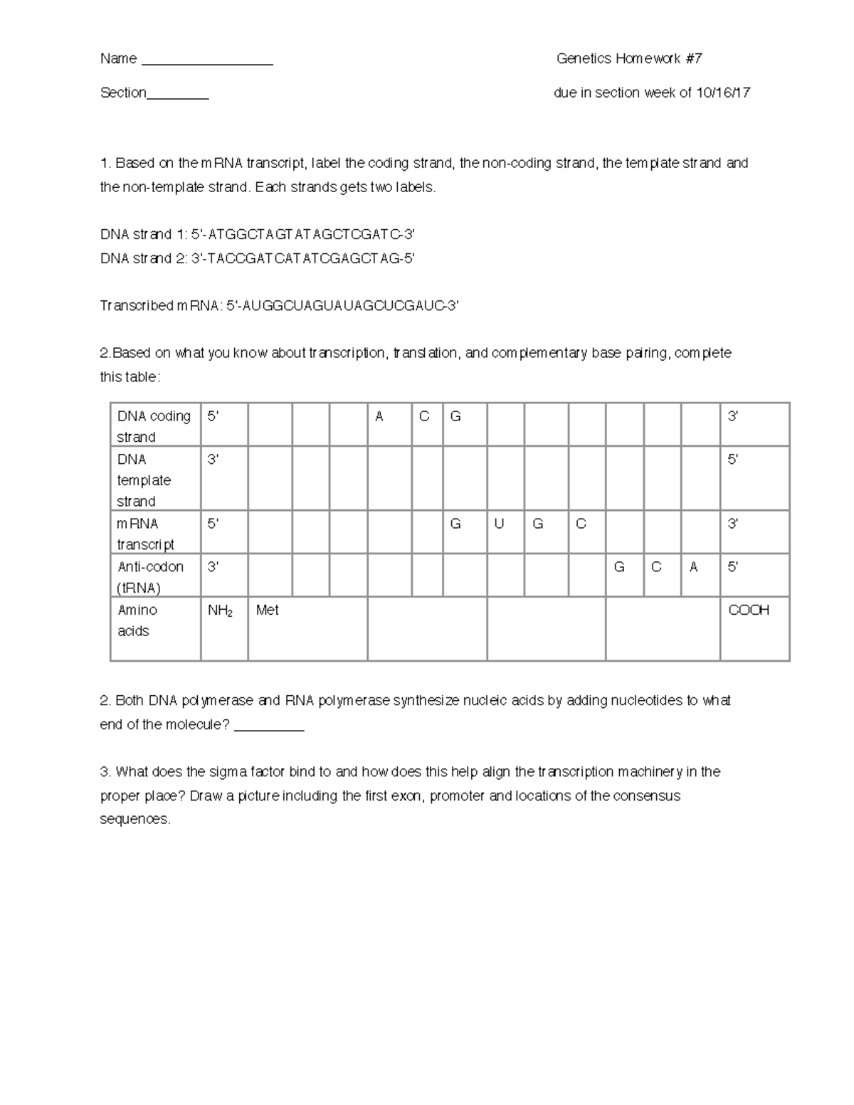 Homework Assignment 7 - Name _________________ Genetics Homework #7 ...