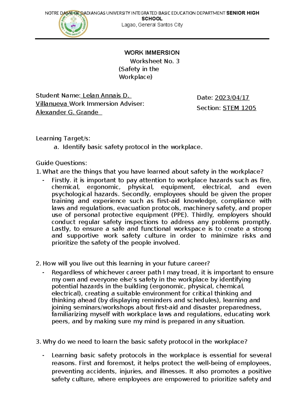 Worksheet 3-Workplace-Safety ( lelan ) - WORK IMMERSION Worksheet No. 3 ...