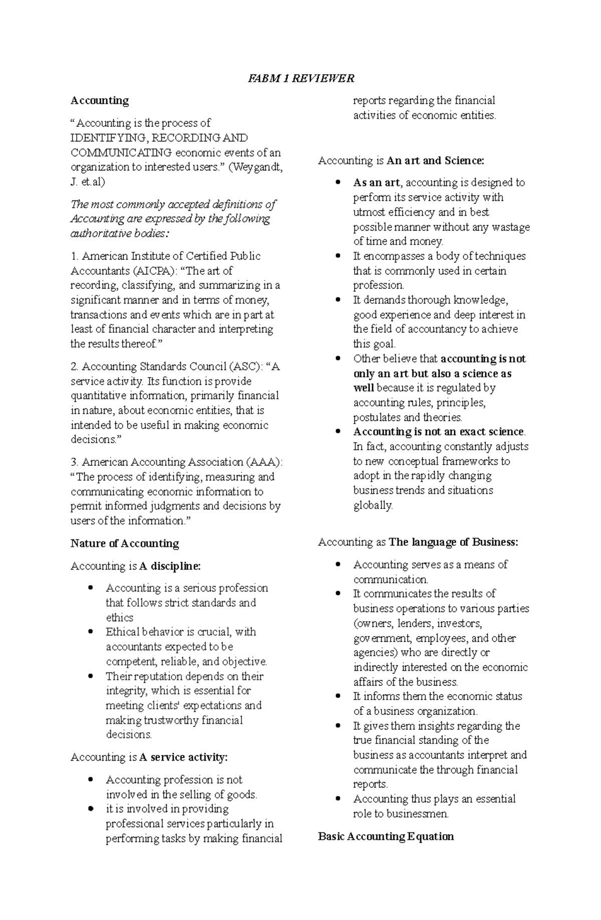 FABM 1 REVIEWER FOR EXAM 3RD QUARTER - FABM 1 REVIEWER Accounting ...
