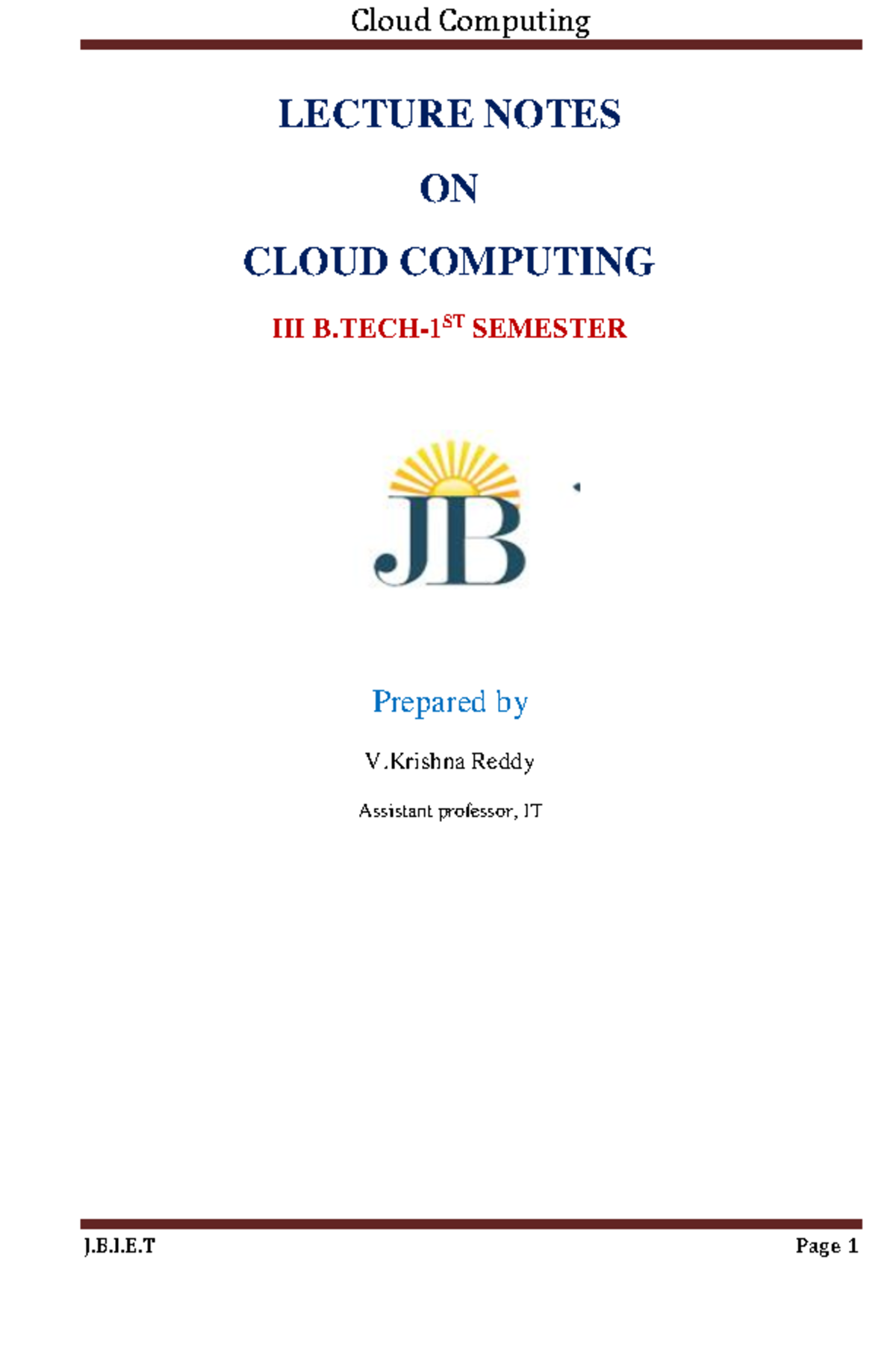 Cloud Computing Notes Lecture Notes On Cloud Computing Iii B 1 St Semester Prepared By V