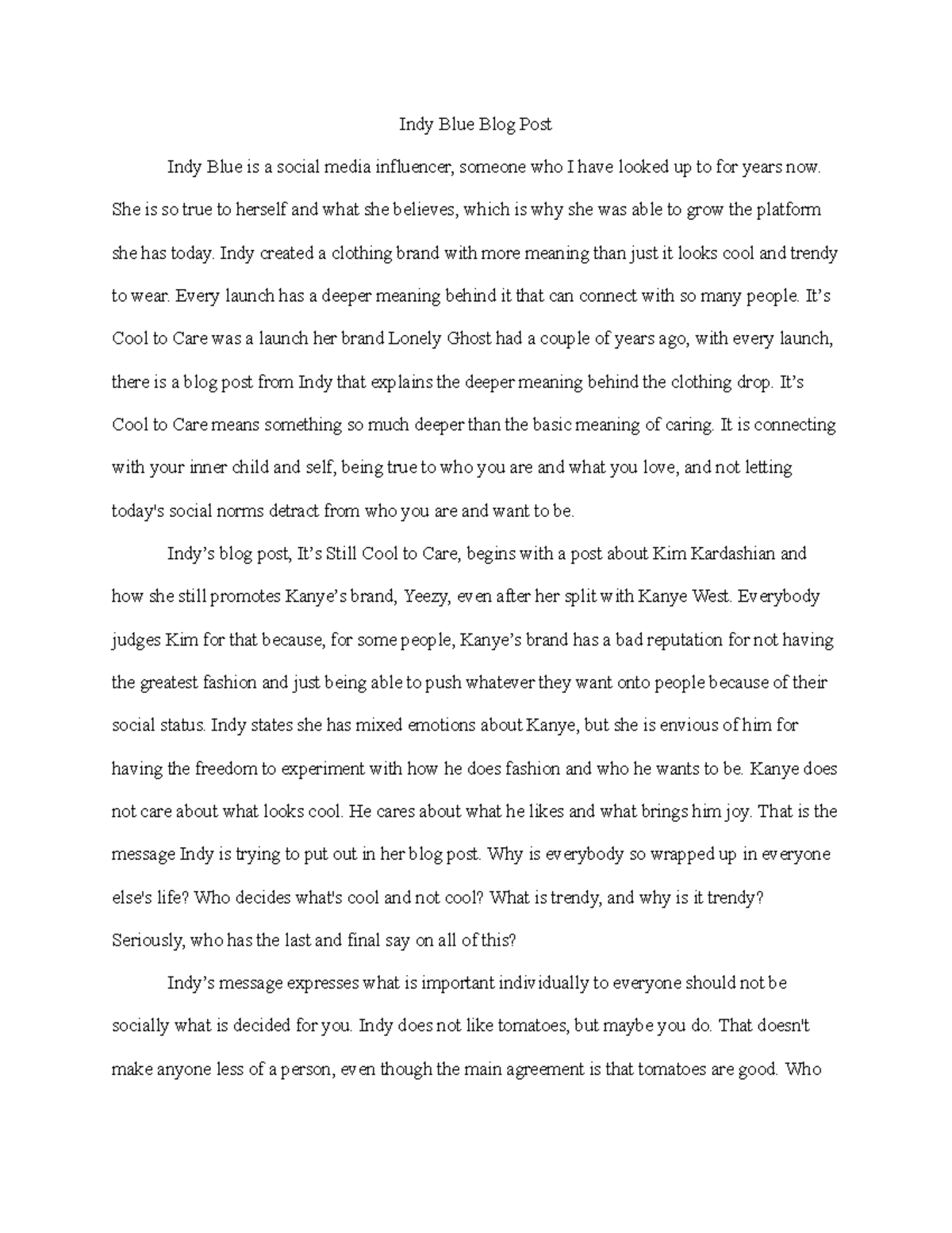 ITS COOL TO CARE - Rhetorical Anaylis Essay-2 - Indy Blue Blog Post ...