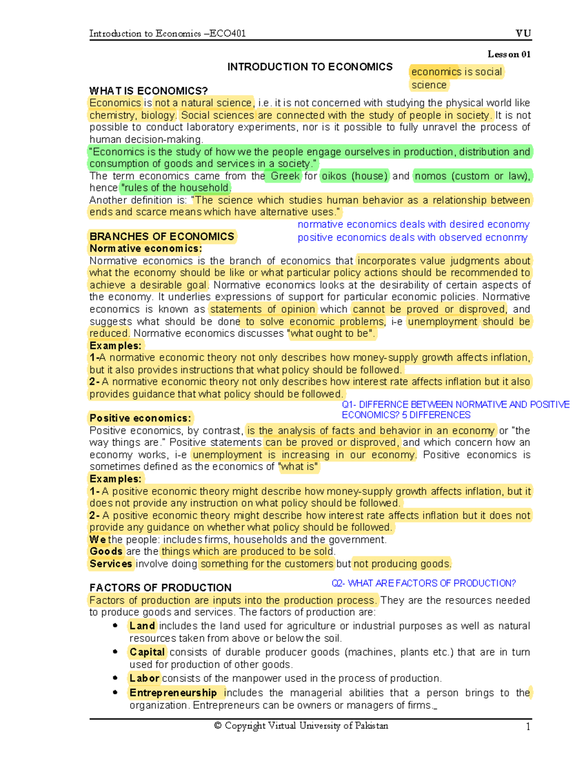 Lesson 01 - Introduction to Economics –ECO401 VU Lesson 01 INTRODUCTION TO ECONOMICS WHAT IS ...