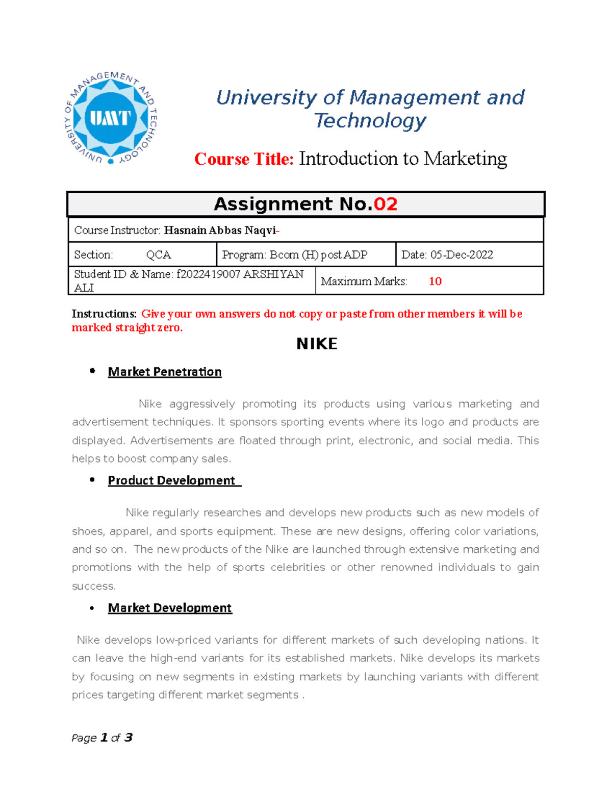 Mufti 2 - Fff - University of Management and Technology Course Title ...