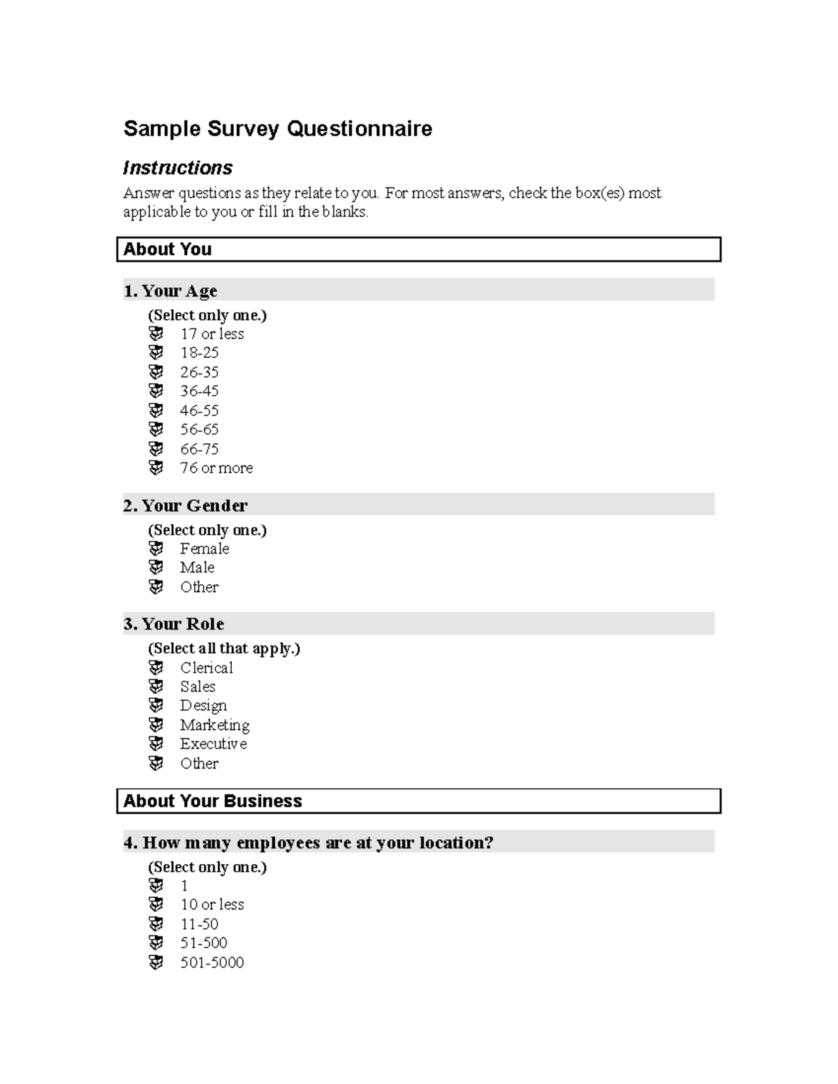 Questionnaire Template 05 - Sample Survey Questionnaire Instructions ...