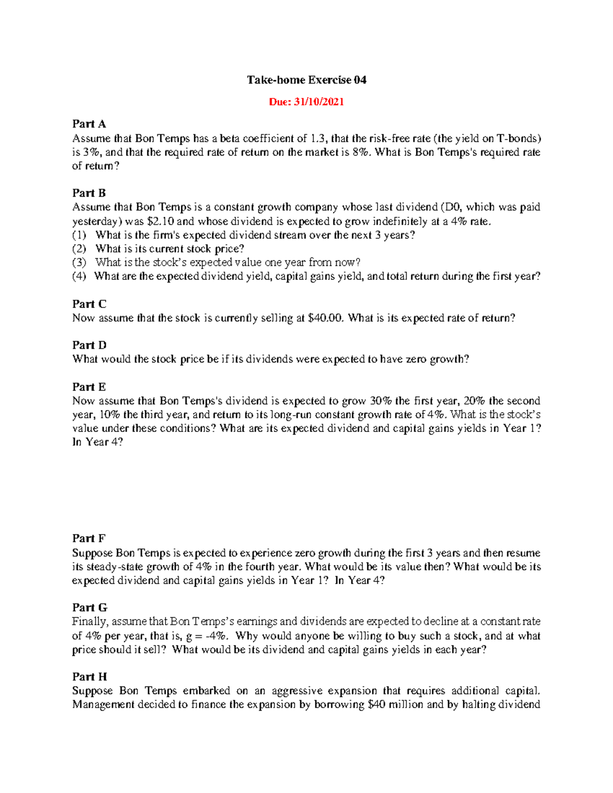 Exercise 4 - Ver 1 - Take-home Exercise 04 Due: 31/10/ Part A Assume ...