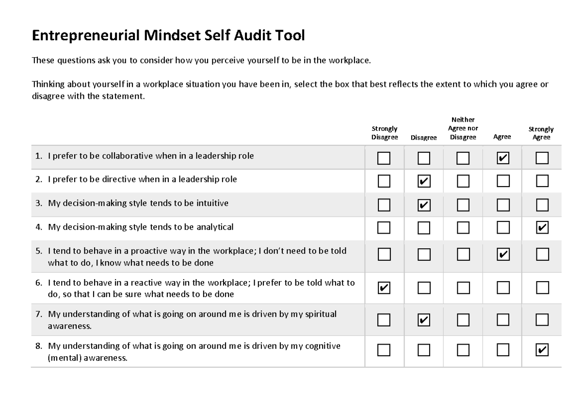230807 Entrepreneurial Mindset Self Audit Tool - Entrepreneurial Mindset Self Audit Tool These ...