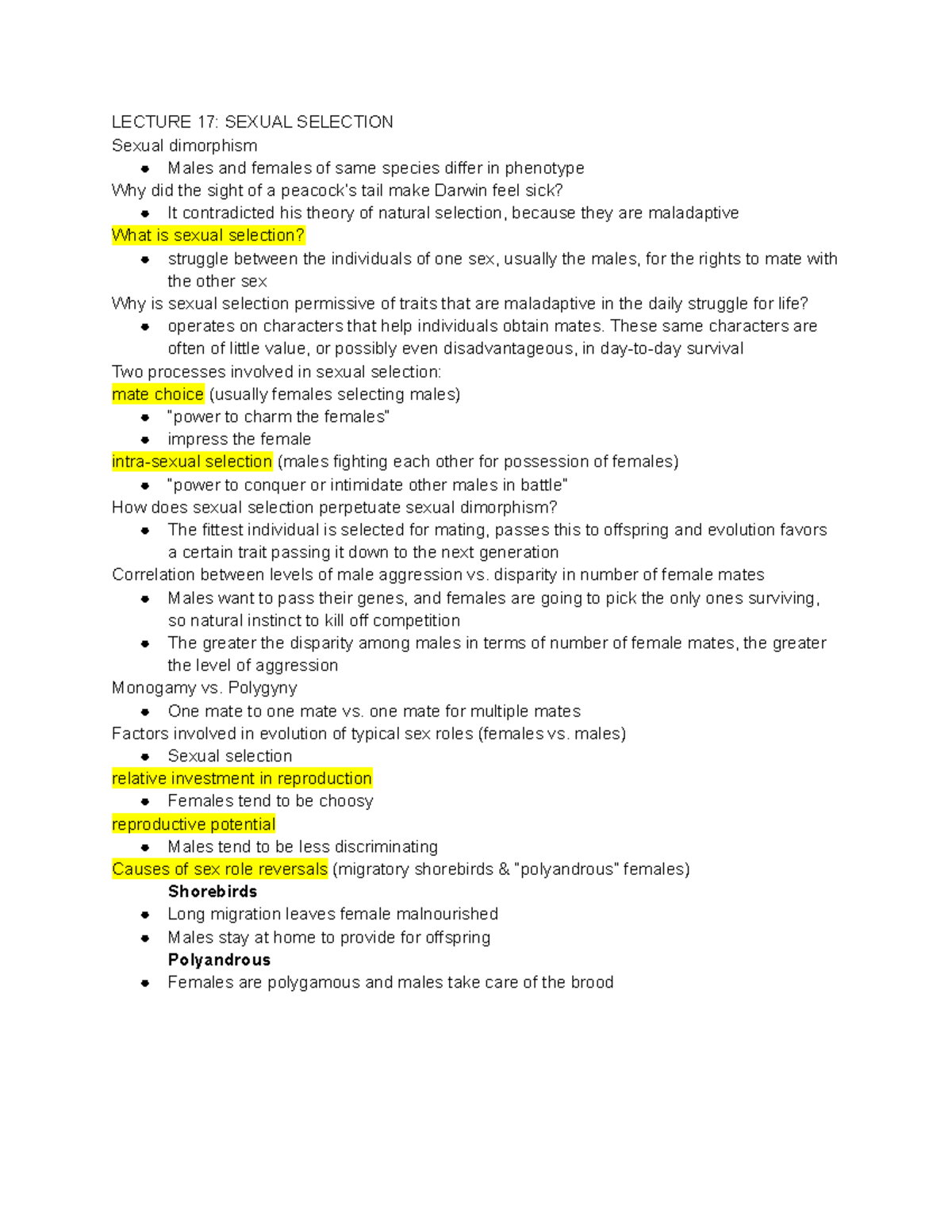 Geosci 110 Study Guide 3 - LECTURE 17: SEXUAL SELECTION Sexual dimorphism Males and females of ...