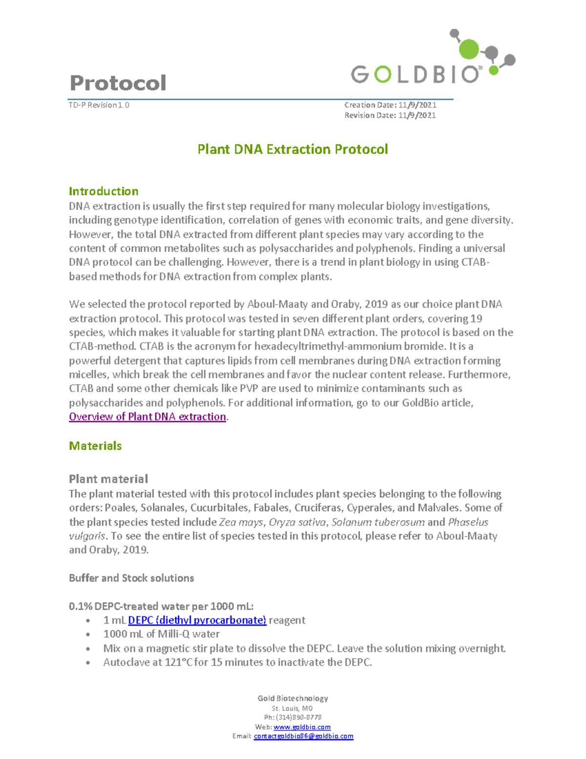 Plant DNA Extraction Protocol - Gold Biotechnology St. Louis, MO Ph ...