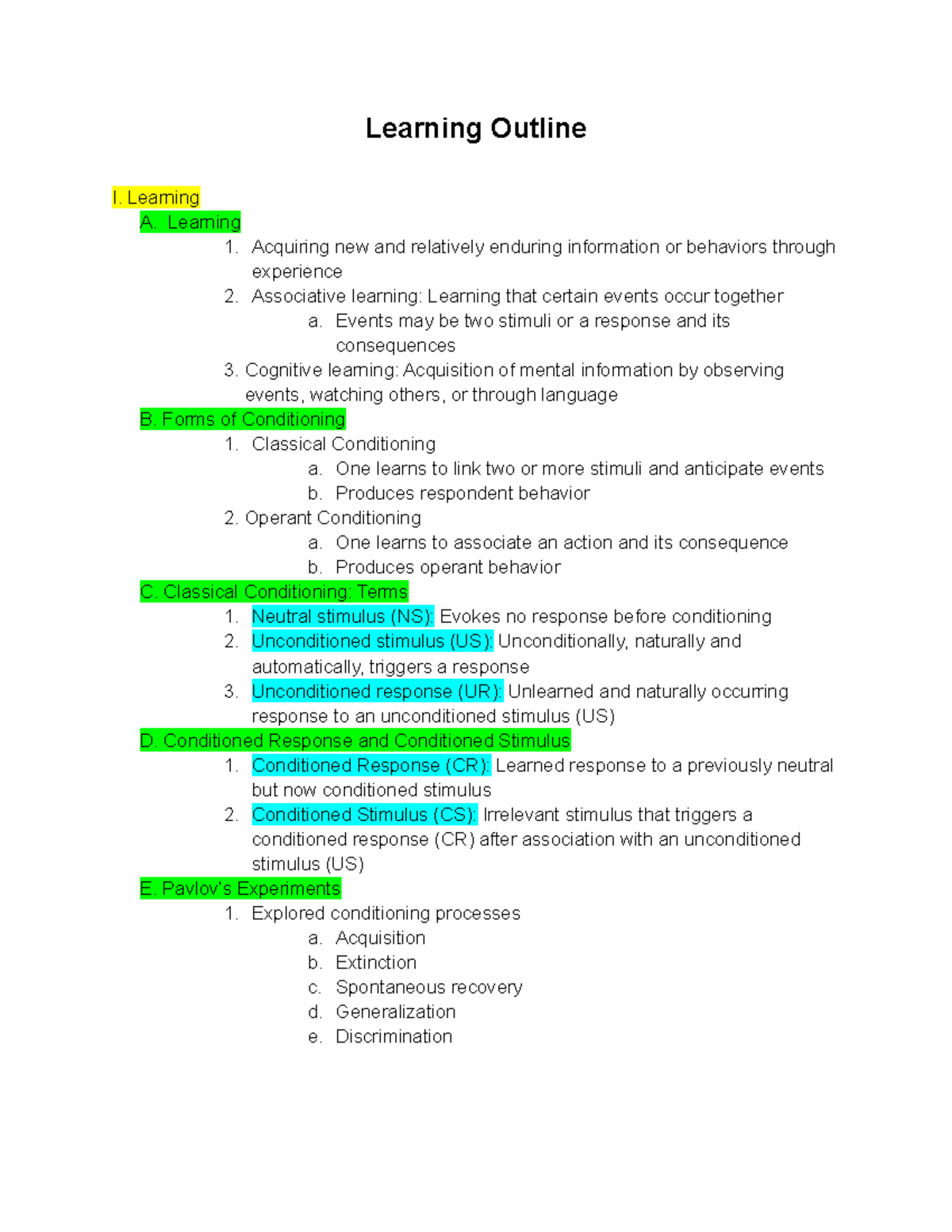 General Psychology-Learning Outline - Learning Outline I. Learning A ...