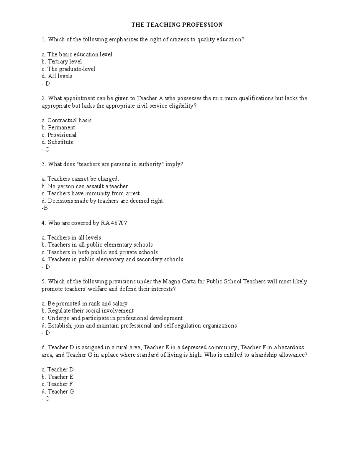 THE- Teaching- Profession Reviewer - THE TEACHING PROFESSION Which of ...