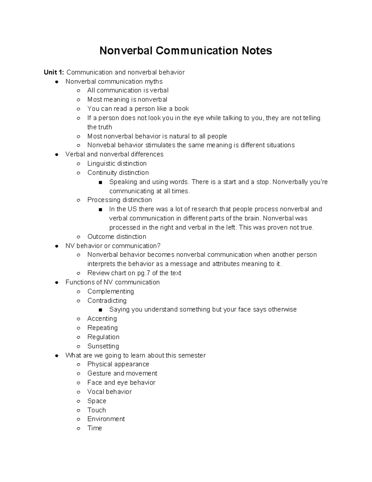 Nonverbal communication notes - Nonverbal Communication Notes Unit 1 ...