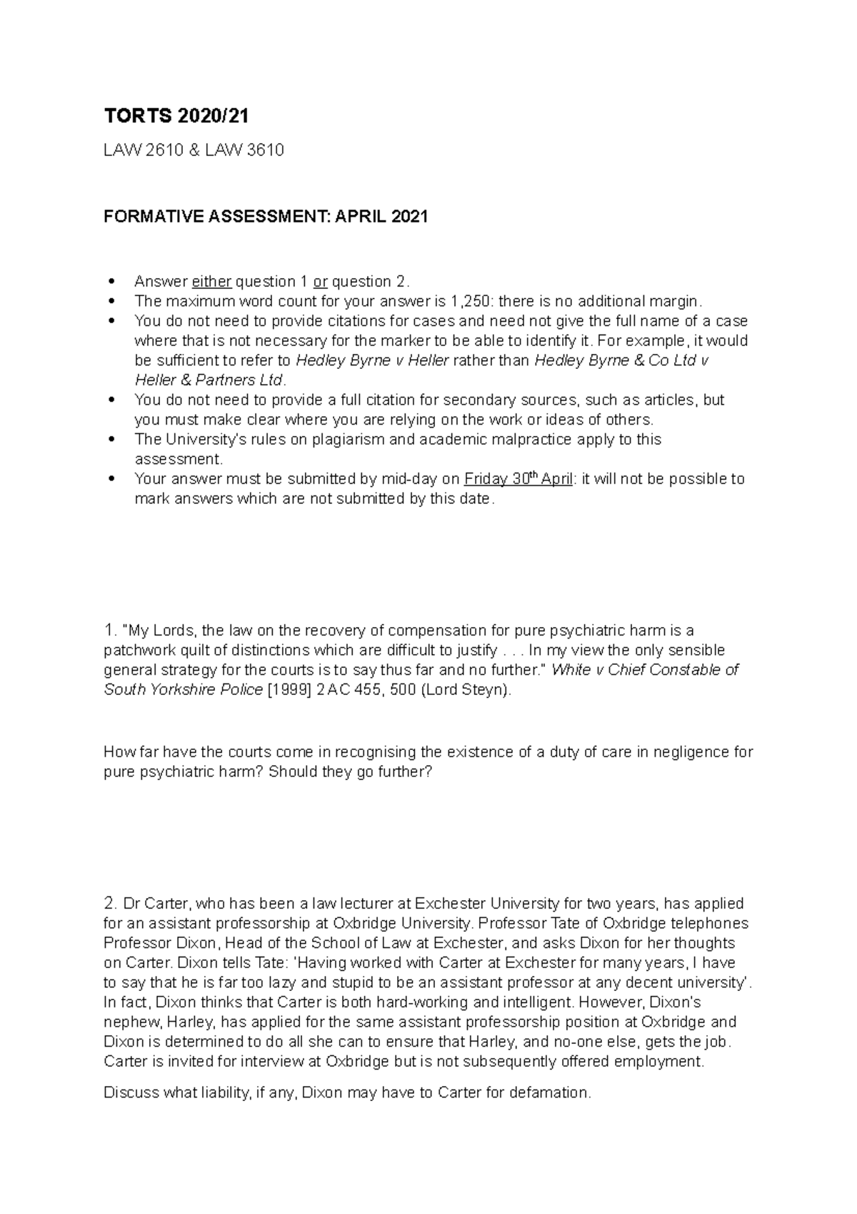 Formative Assessment Questions 21 - TORTS 2020/ LAW 2610 & LAW 3610 ...