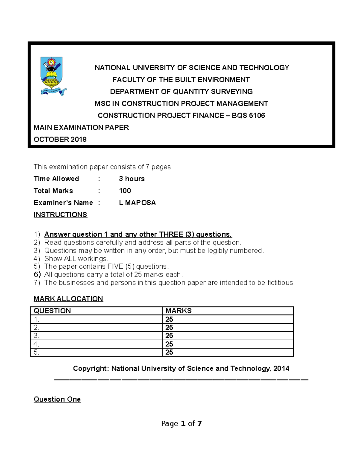 Exam 13 November 2016, questions - NATIONAL UNIVERSITY OF SCIENCE AND ...