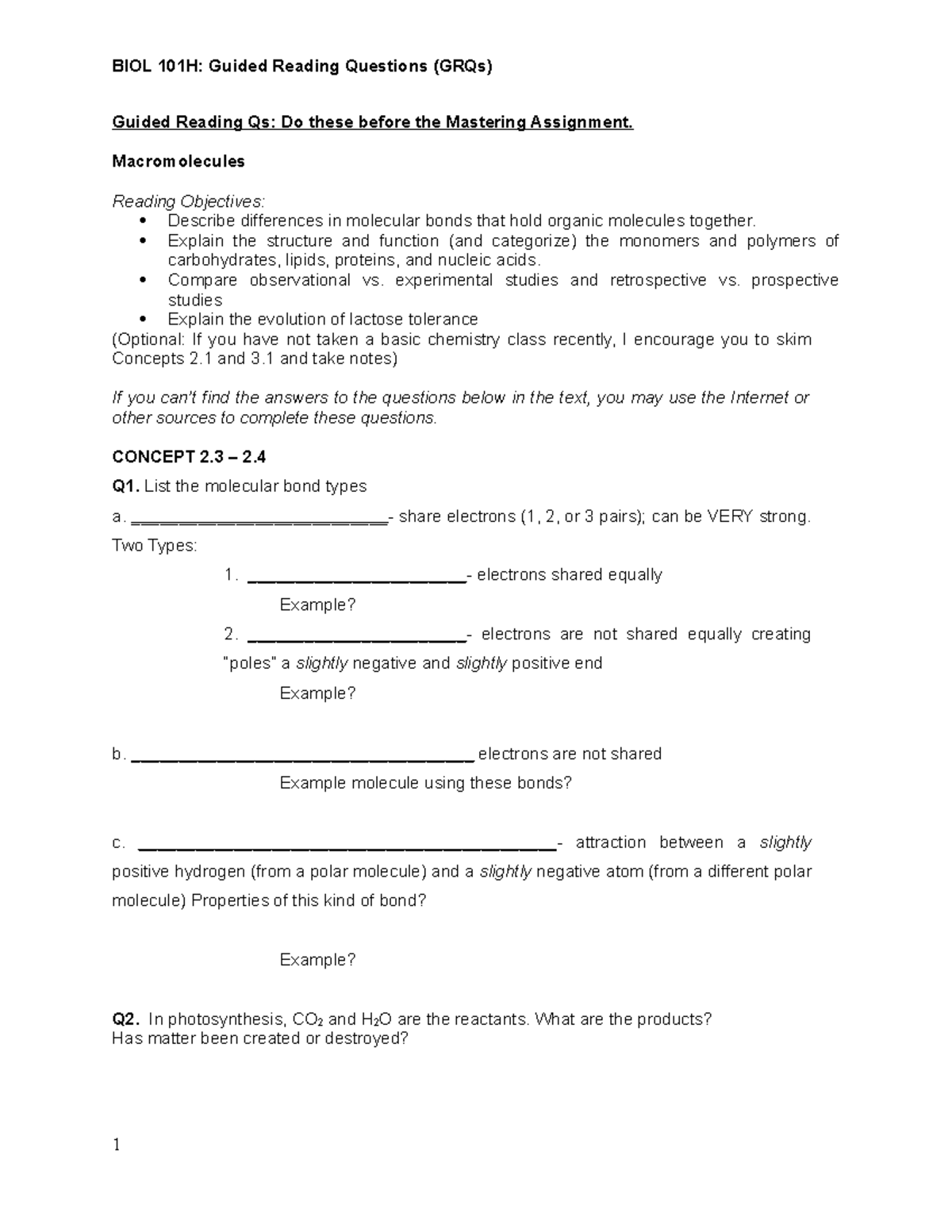 101H L02 GRQs Macromolecules - Guided Reading Qs: Do these before the ...