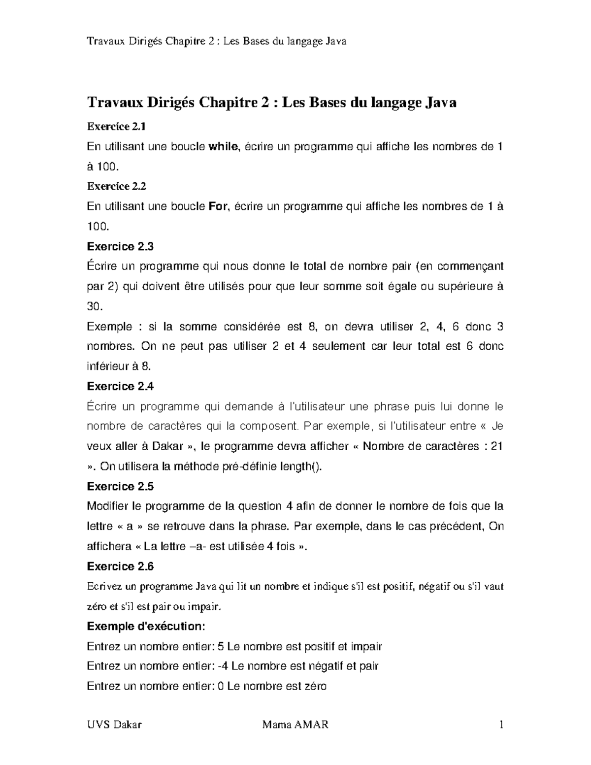 TD P1 02 Bases Langage Java - Travaux Dirigés Chapitre 2 : Les Bases du langage Java UVS Dakar ...