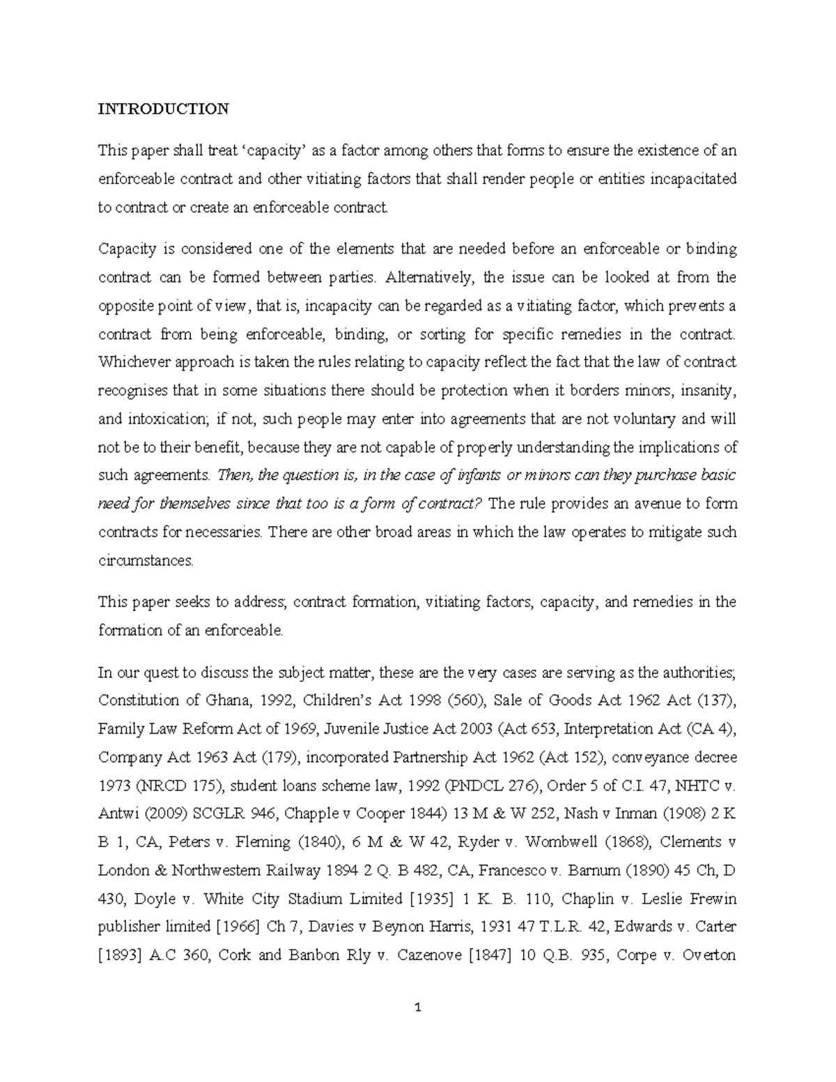 Capacity IN LAW OF Contract 2 - INTRODUCTION This paper shall treat ...