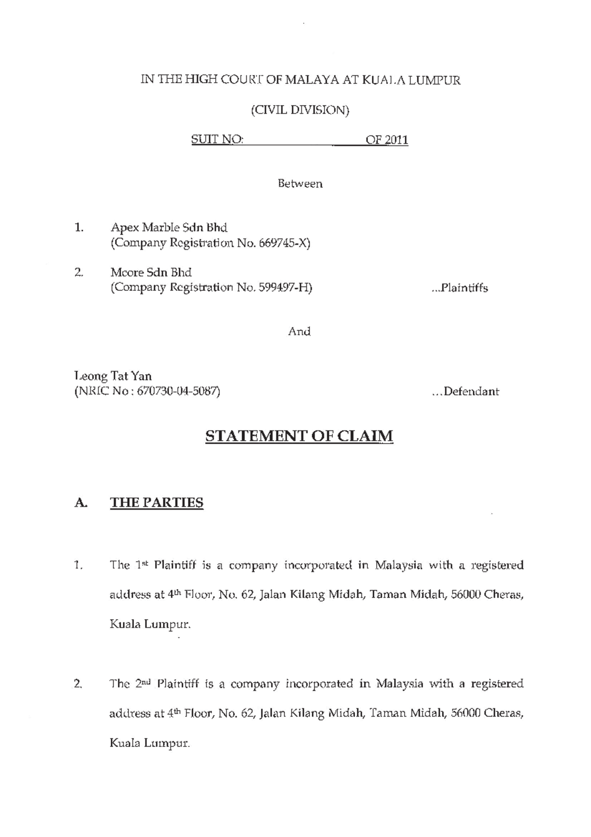 Sample Statement of Claim - Legal Drafting II - Studocu