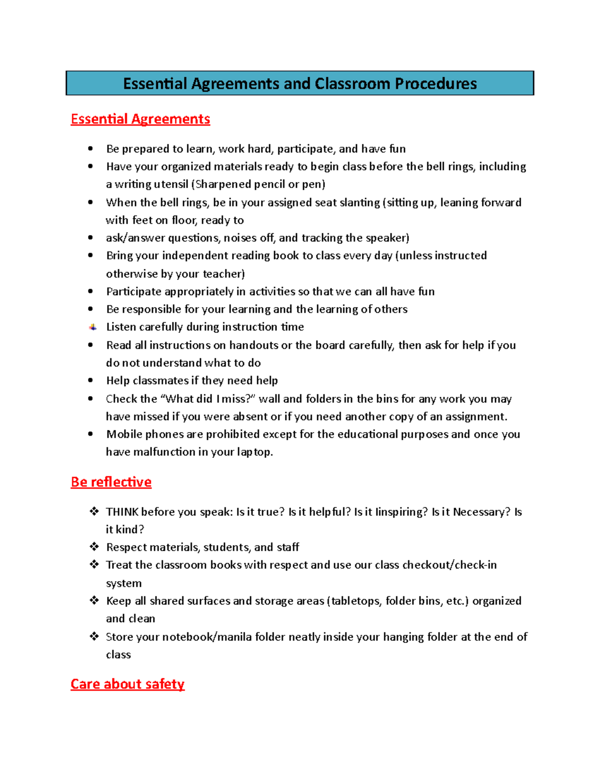 Essential agreements - Mobile phones are prohibited except for the ...